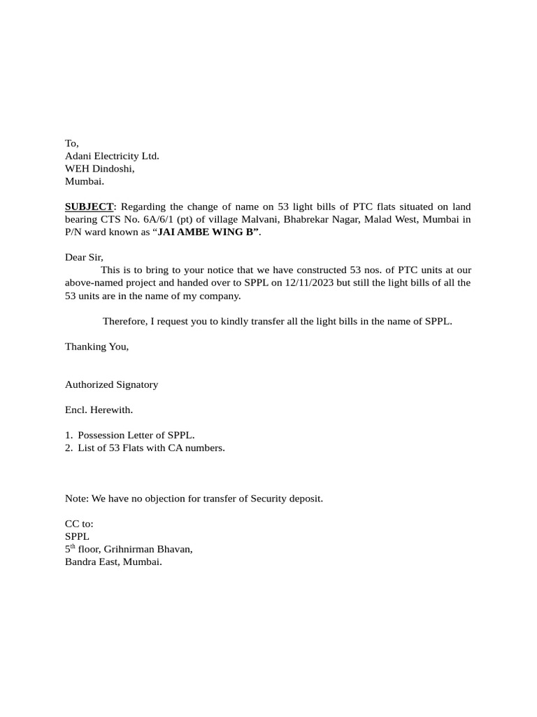 SPPL Light Bill Transfer Letter | PDF