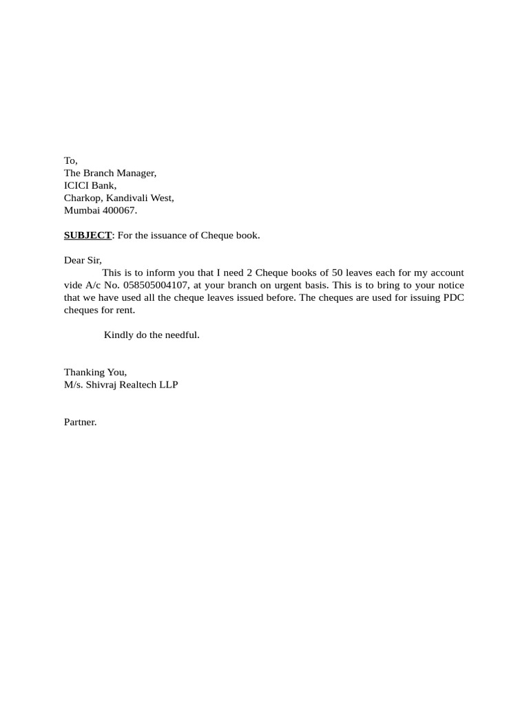 Application For Cheque Book ICICI Bank | PDF