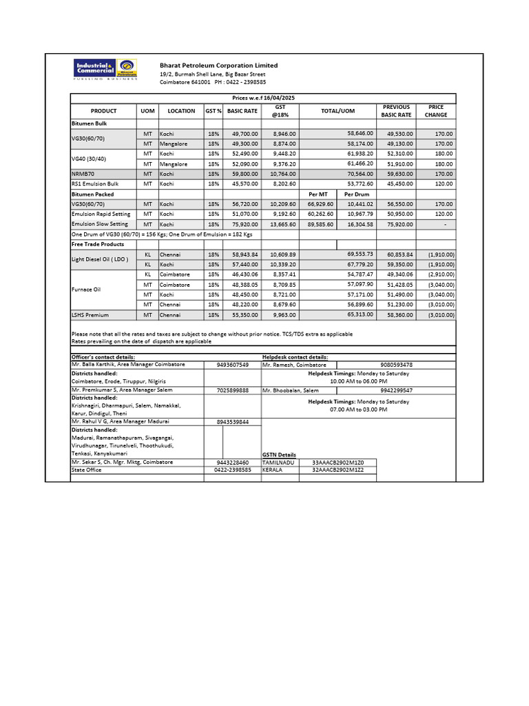 BPCL Bitumen Price List April 2025 | PDF | Petroleum | Hydrocarbons