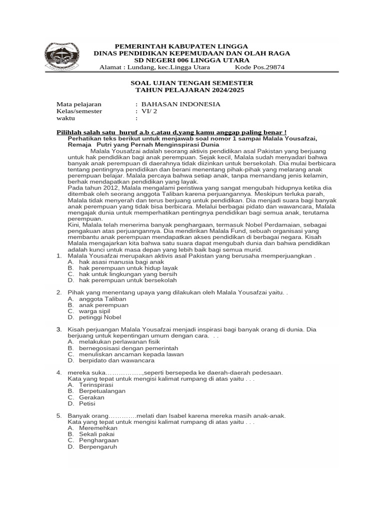 Soal Mid Bahasa Indonesia Kelas 6 TP 2025 | PDF
