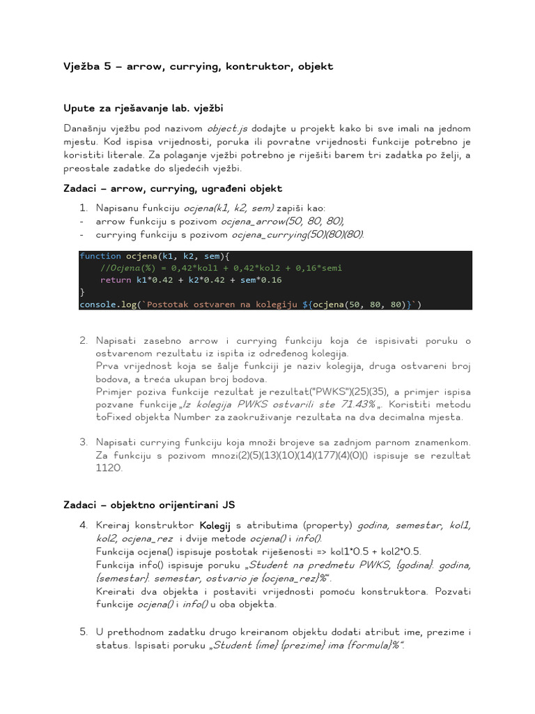 Vjezba 5 - Arrow, Currying, Objekt, Konstruktor | PDF