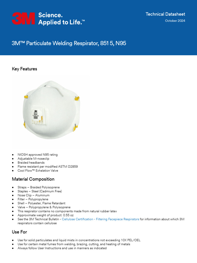 8515 N95 Particulate Respirator Spec Sheet | PDF | Occupational Safety ...