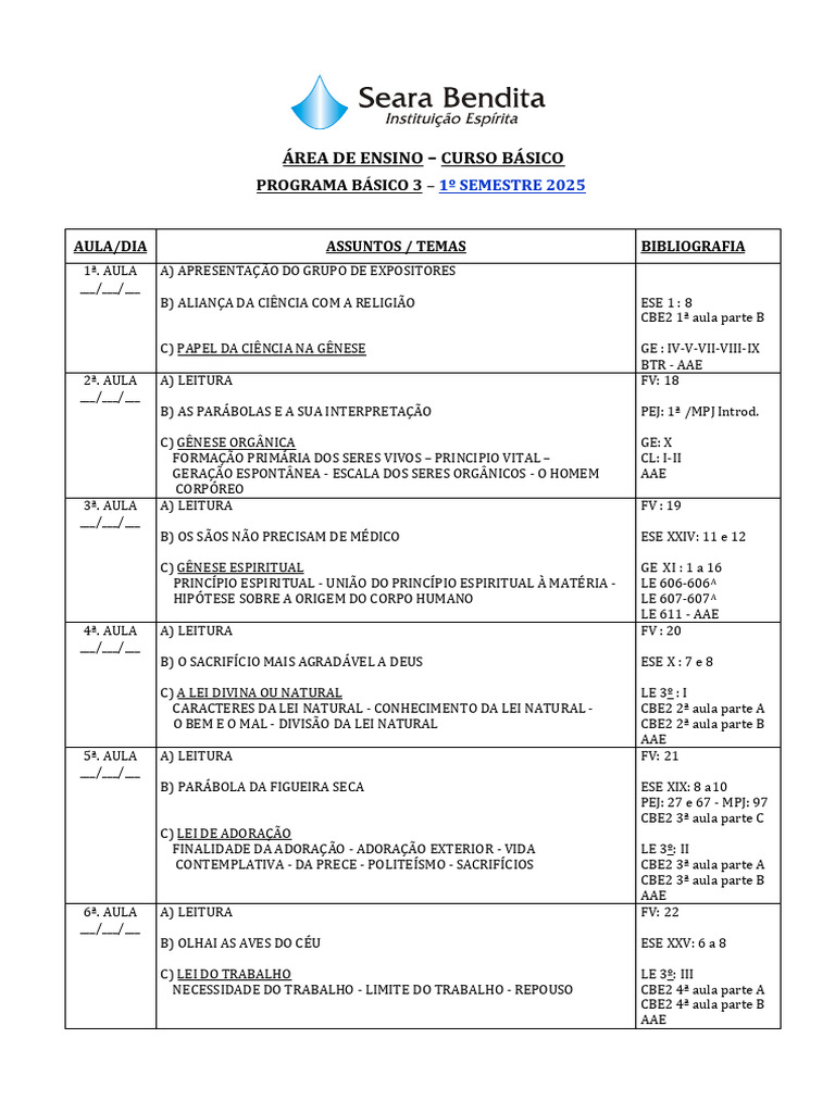 Programa Basico 3 2025 1o Semestre | PDF | Espiritismo | Espiritualismo