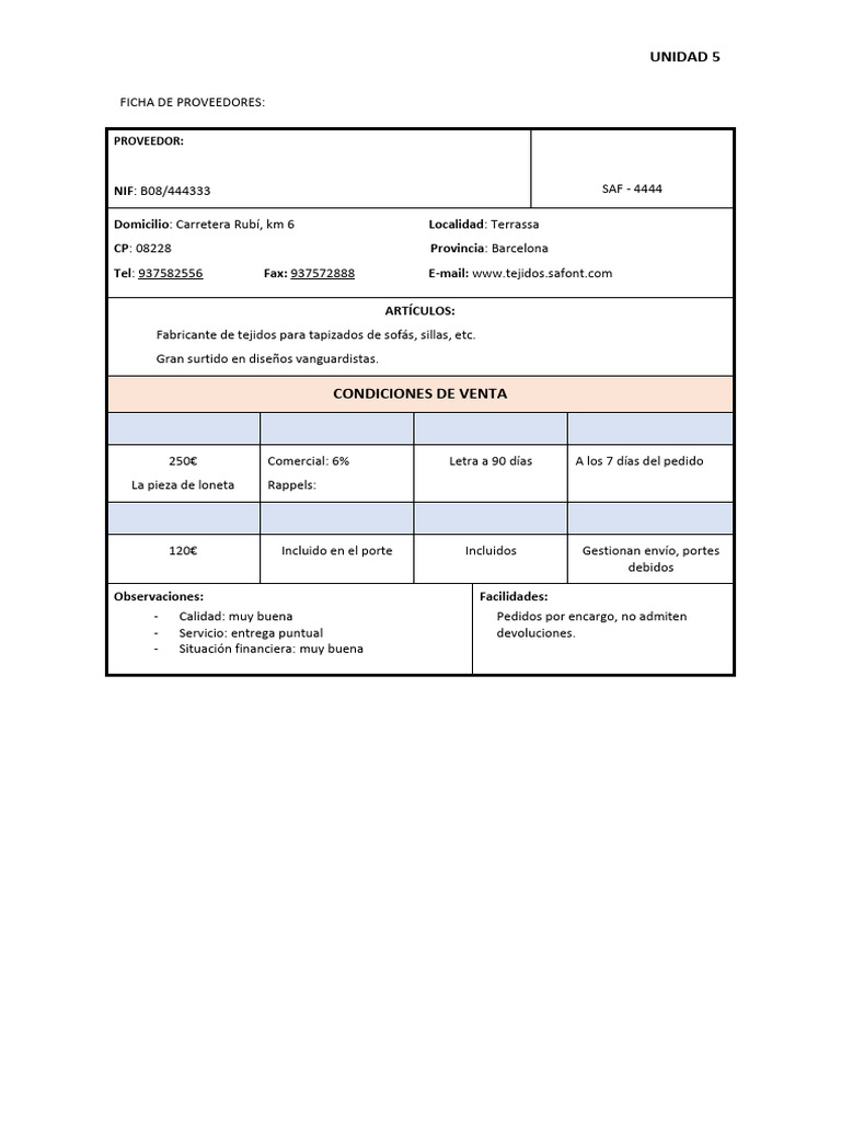 FICHA DE PROVEEDORES Ejercicio | PDF