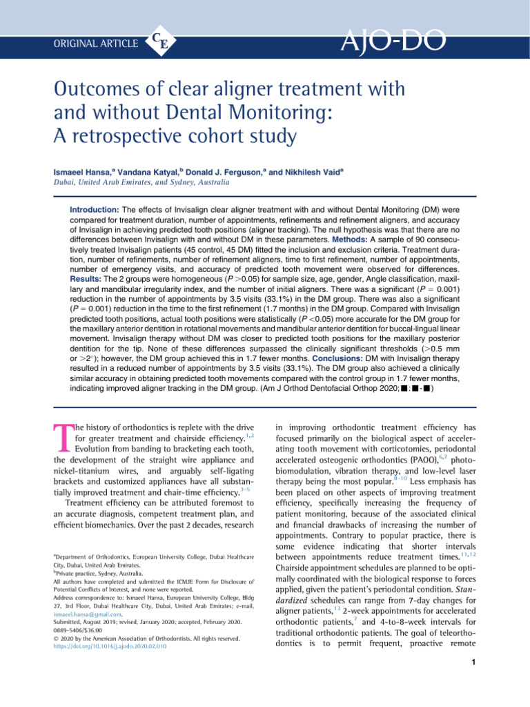 Outcomes of Clear Aligner Treatment With and Without Dental Monitoring ...
