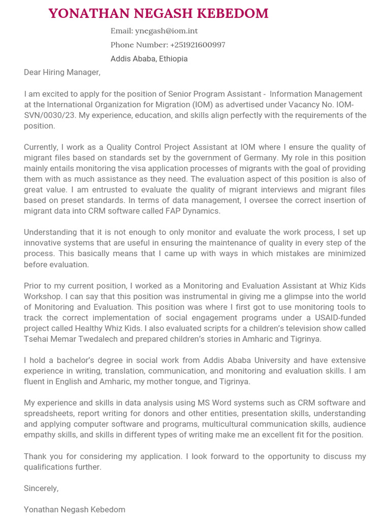 Cover Letter, CV and Educational Certificate - Yonathan Negash Kebedom - Senior Programme ...