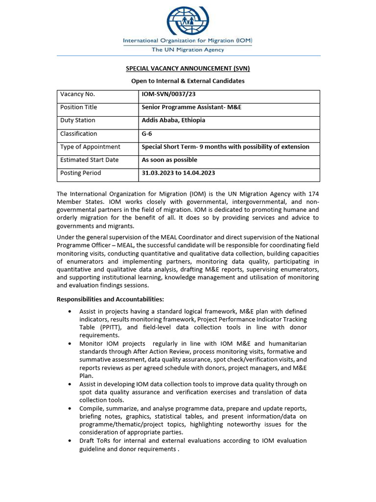 Senior Programme Assistant Vacancy - IOM Addis | PDF | International ...