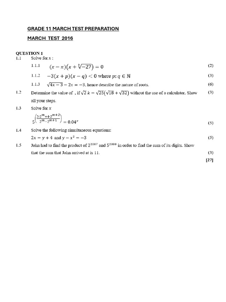 Grade 11 March Test Preparation | PDF