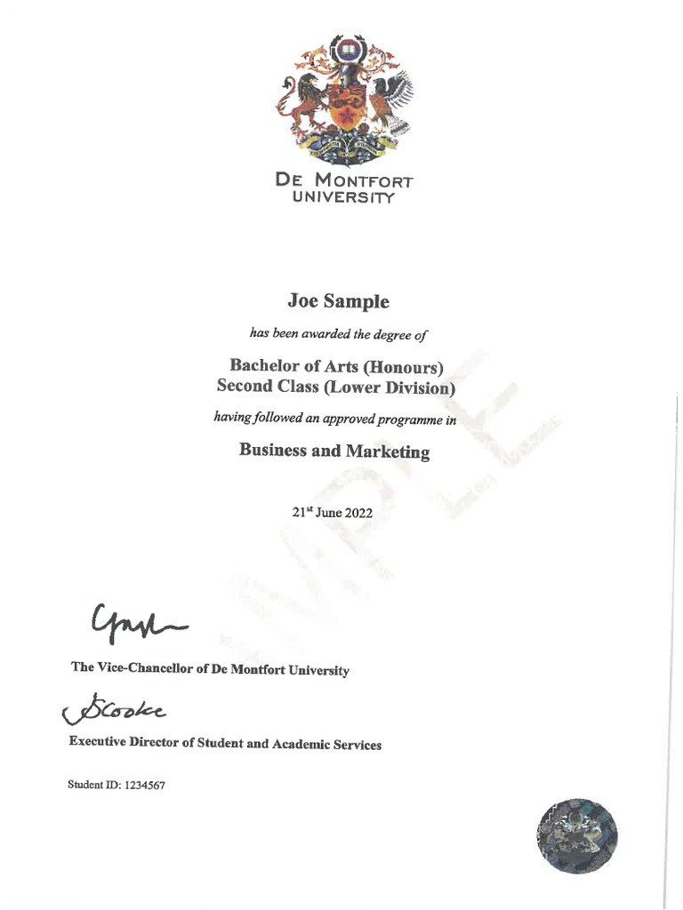 DMU Leicester Degree Diploma Certificate Sample | PDF