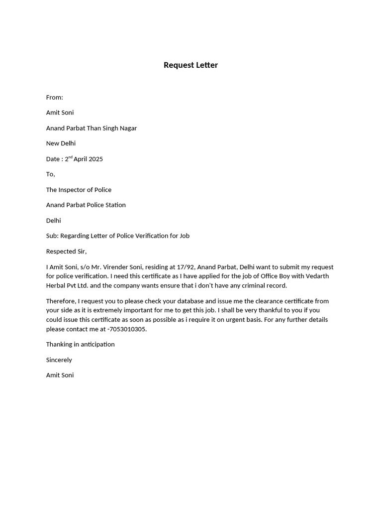 Letter Format To Police Verification Certificate For Job | PDF