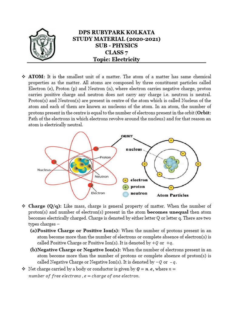 DPS Class - 7 - Study - Material - Electricity | PDF | Atoms | Proton