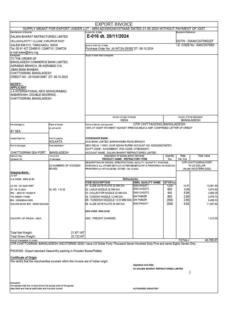 Export Invoice for Refractory Products | PDF | Business