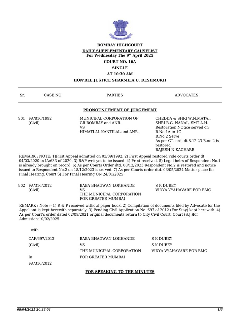 Bombay High Court Cause List April 9, 2025 | PDF | Judiciaries