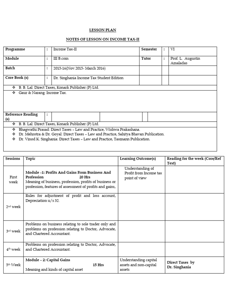 Income Tax II Lesson Plan Overview | PDF | Tax Deduction | Capital ...