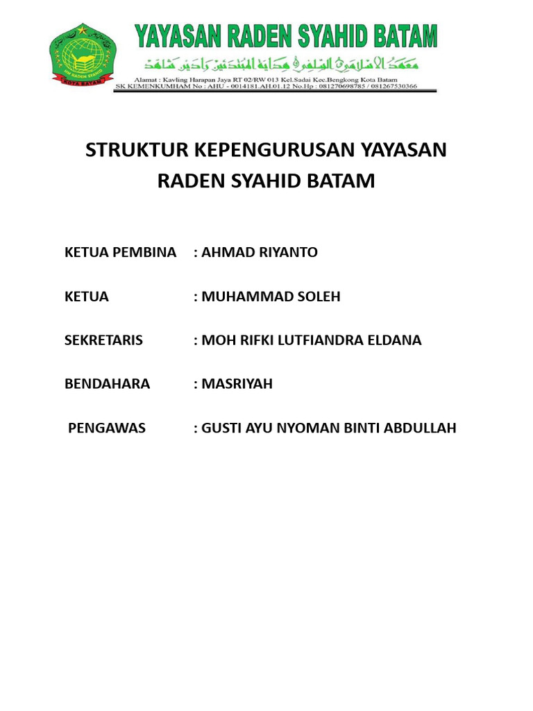 Struktur Kepengurusan Yayasan Raden Syahid Batam | PDF
