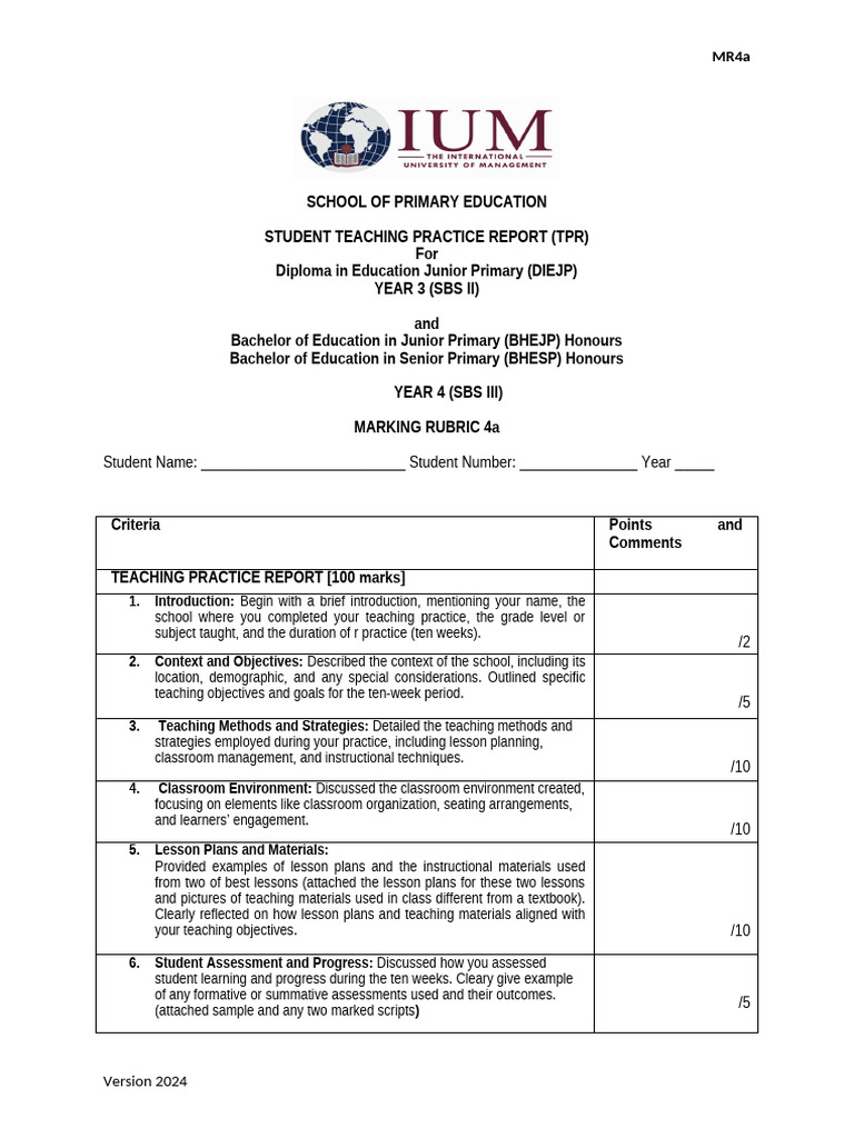 MR4a - Year 3 DIEJP Teaching Practice Report Rubric | PDF | Lesson Plan ...