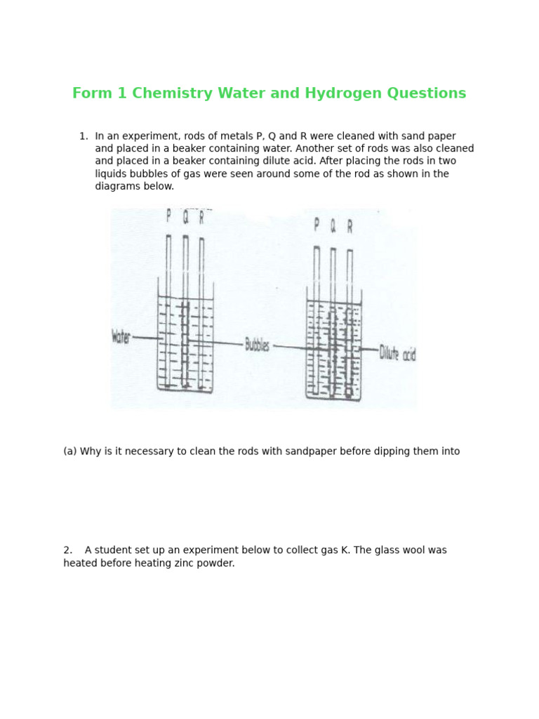 Form 1 Chemistry Water and Hydrogen Questions | PDF | Combustion | Hydrogen