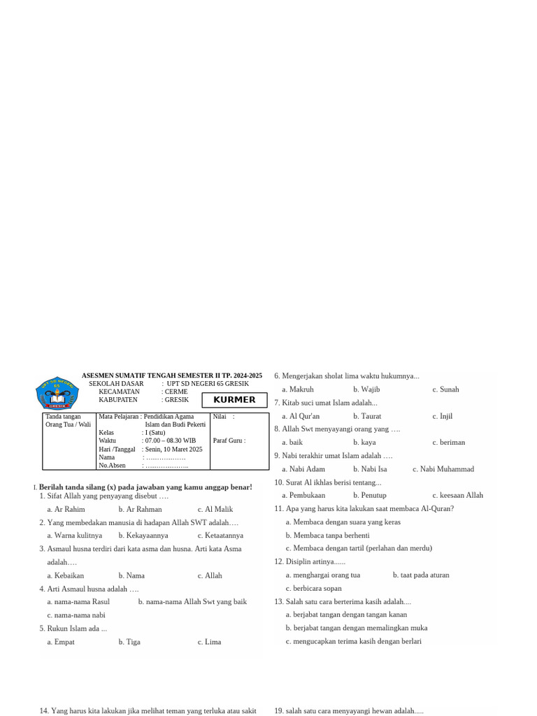 Soal PTS 2 Pai 2024-2025 | PDF