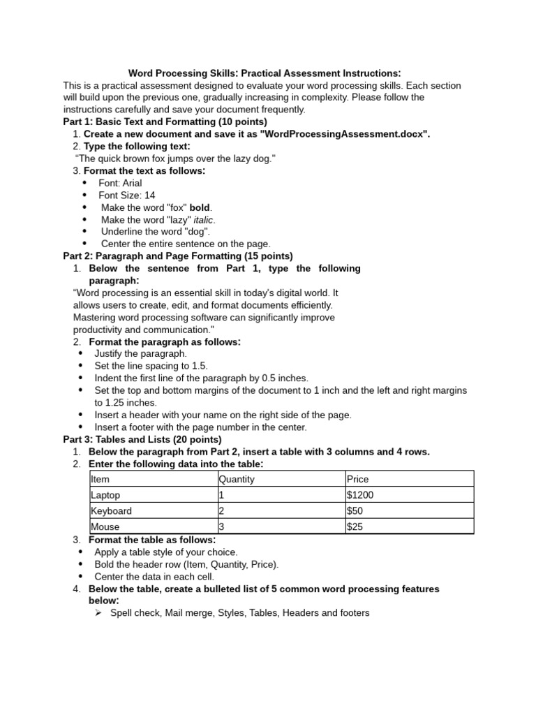 Word Processing Skills Assessment Guide | PDF
