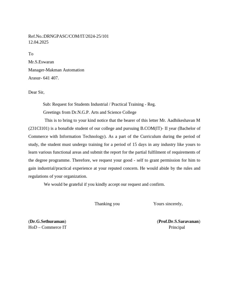 Internship Letter B.com 101 | PDF