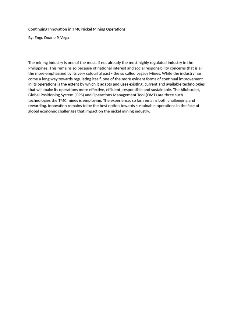 Innovations in TMC Nickel Mining Operations | PDF