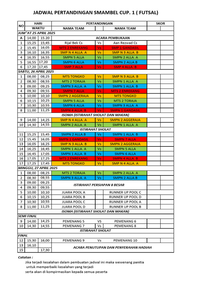 Jadwal Turnamen Futsal Smambel Cup 1 | PDF