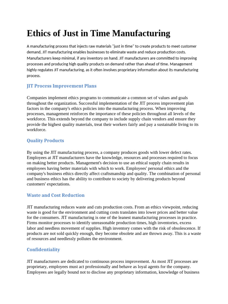 Ethics of Just in Time Manufacturing | PDF | Lean Manufacturing ...
