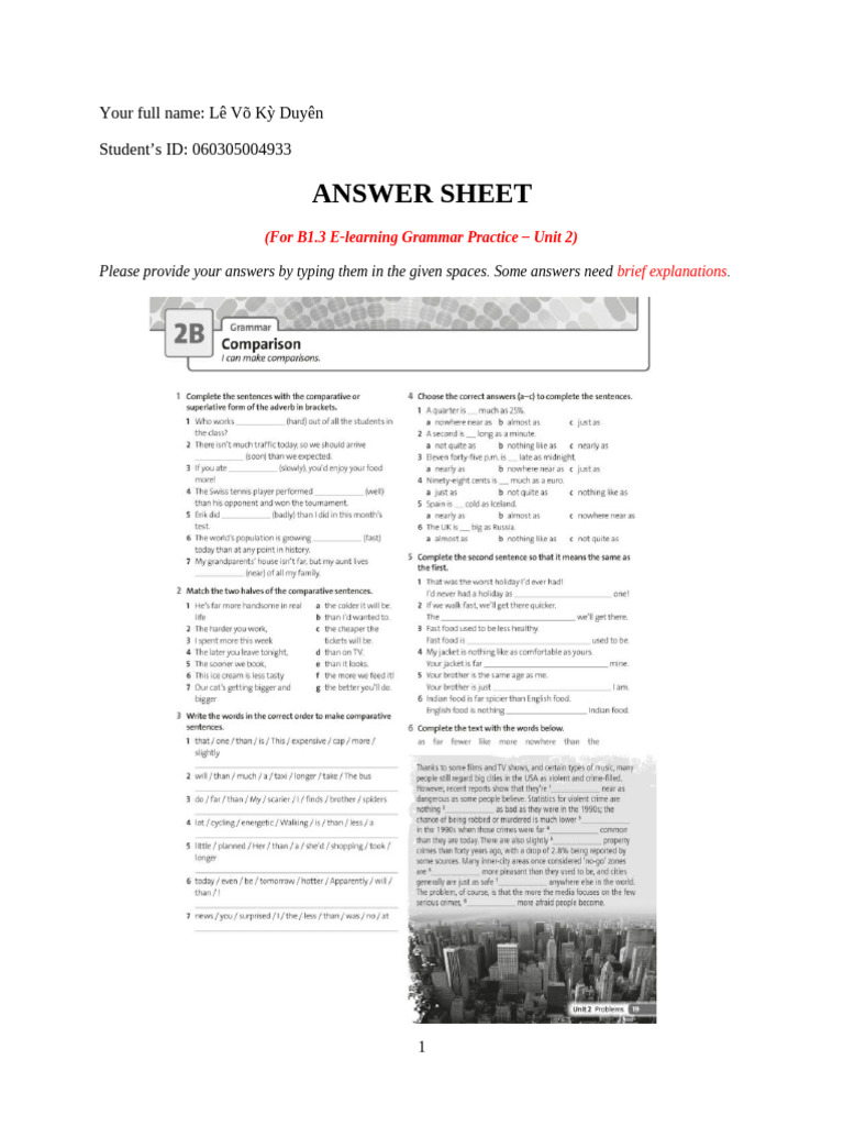 E-Learning Grammar Practice 2 (Answer Sheet) | PDF