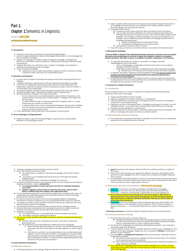 Hiba Summary Chap 1 Saeed Book | PDF | Semantics | Word