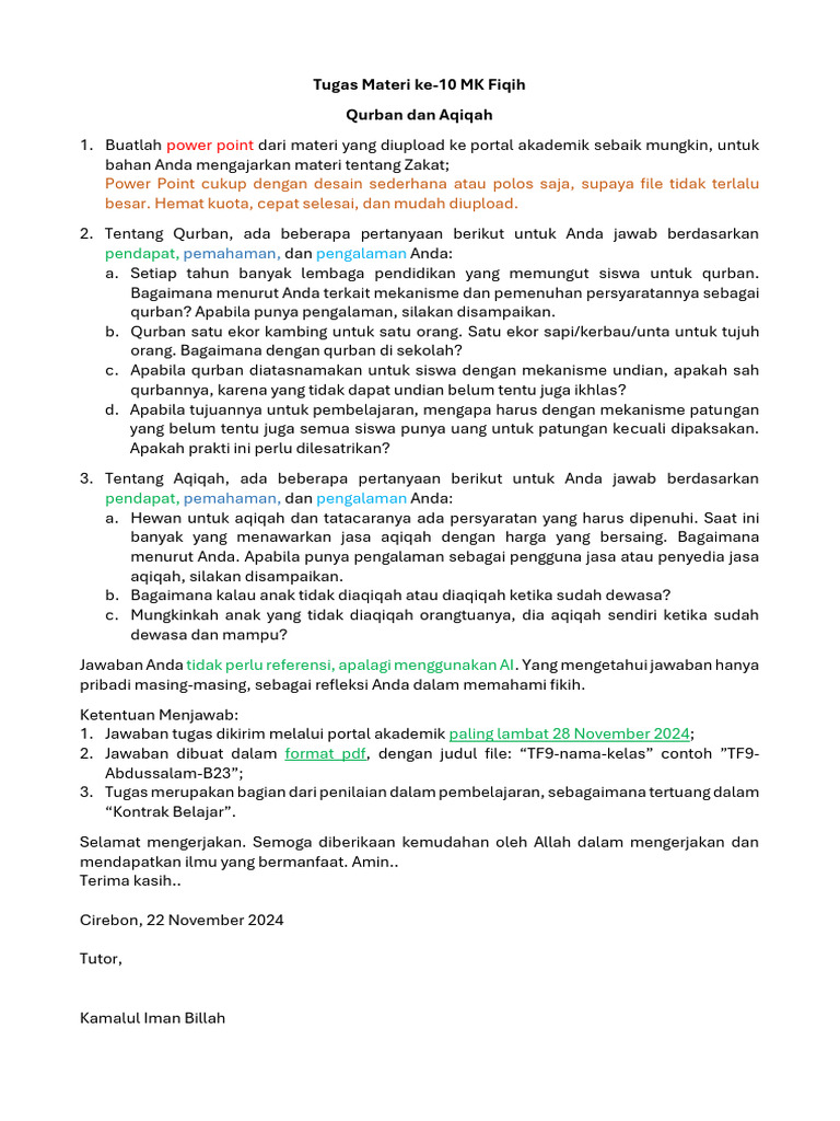 Tugas Materi ke-10 MK Fiqih-Qurban dan Aqiqah | PDF