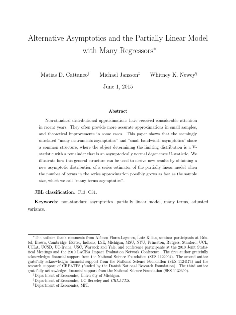 2015 Jansson Alternative Asymptotics and The Partially Linear Model With Many Regressors | PDF ...