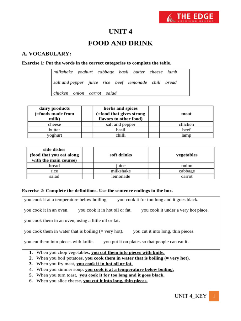 Food and Drink Vocabulary Exercises | PDF | Tableware | Kitchen Utensil