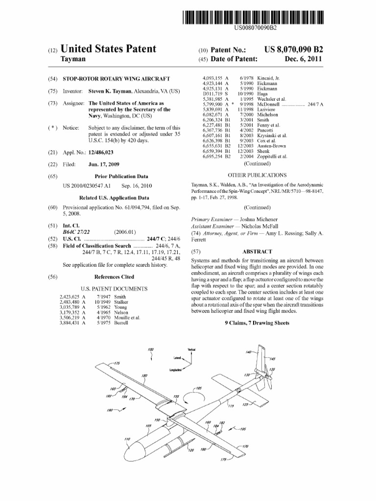 US8070090B2_Stop Rotor Rotary Wing Aircraft | PDF