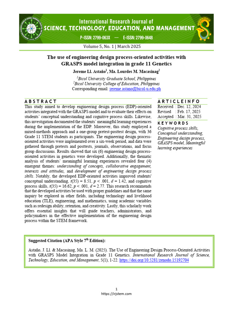 The Use of Engineering Design Process-Oriented Activities With GRASPS Model Integration in Grade ...