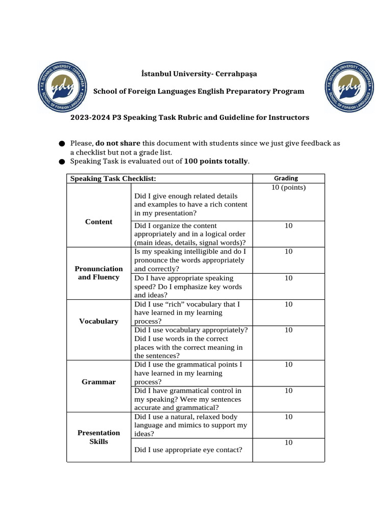 2023-2024 Speaking Task Rubric and Guideline For Instructors | PDF