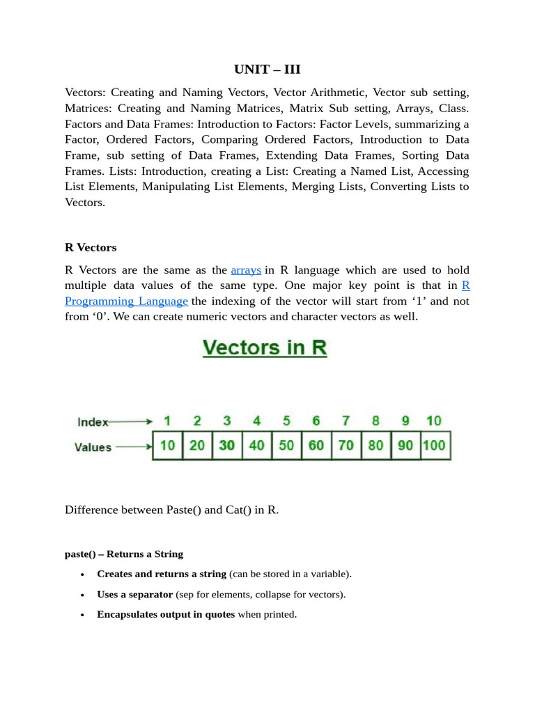 Unit - Iii: R Vectors | PDF | Matrix (Mathematics) | Algebra
