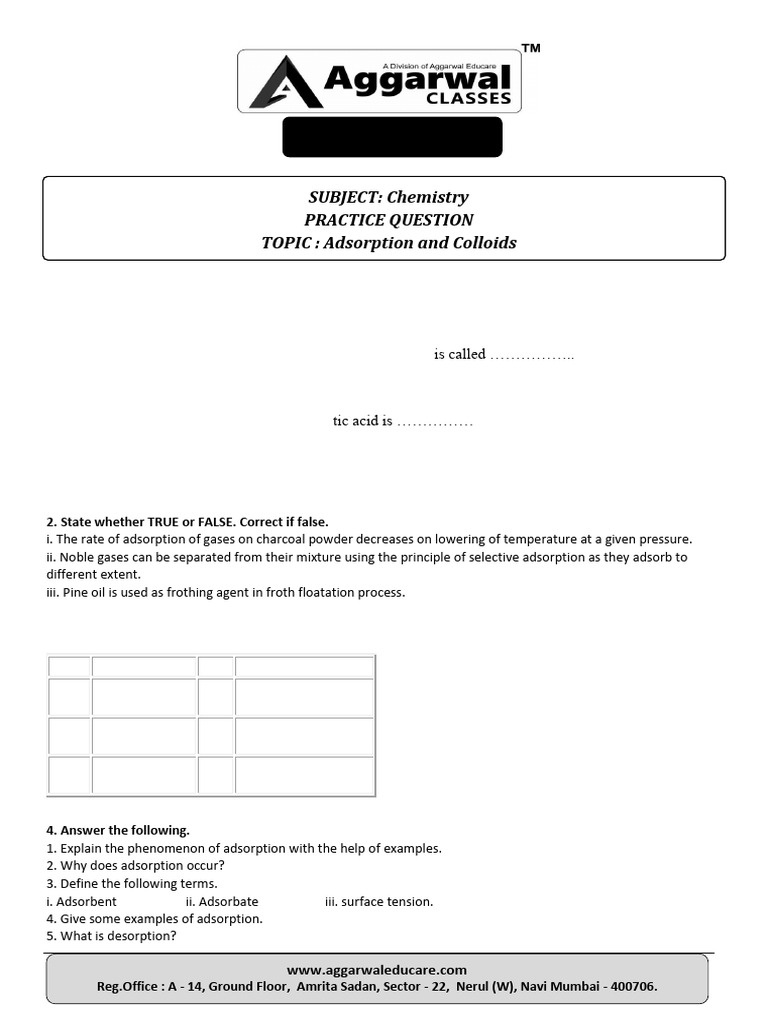 11th HSC - Chemistry-Adsorption and Colloids-Assignment | PDF | Adsorption | Catalysis