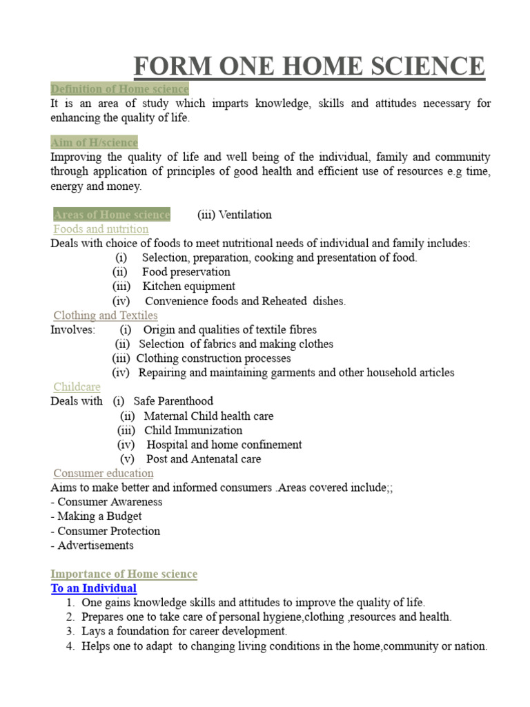 Home Science: Form 1 Overview and Care | PDF | Room | Kitchen