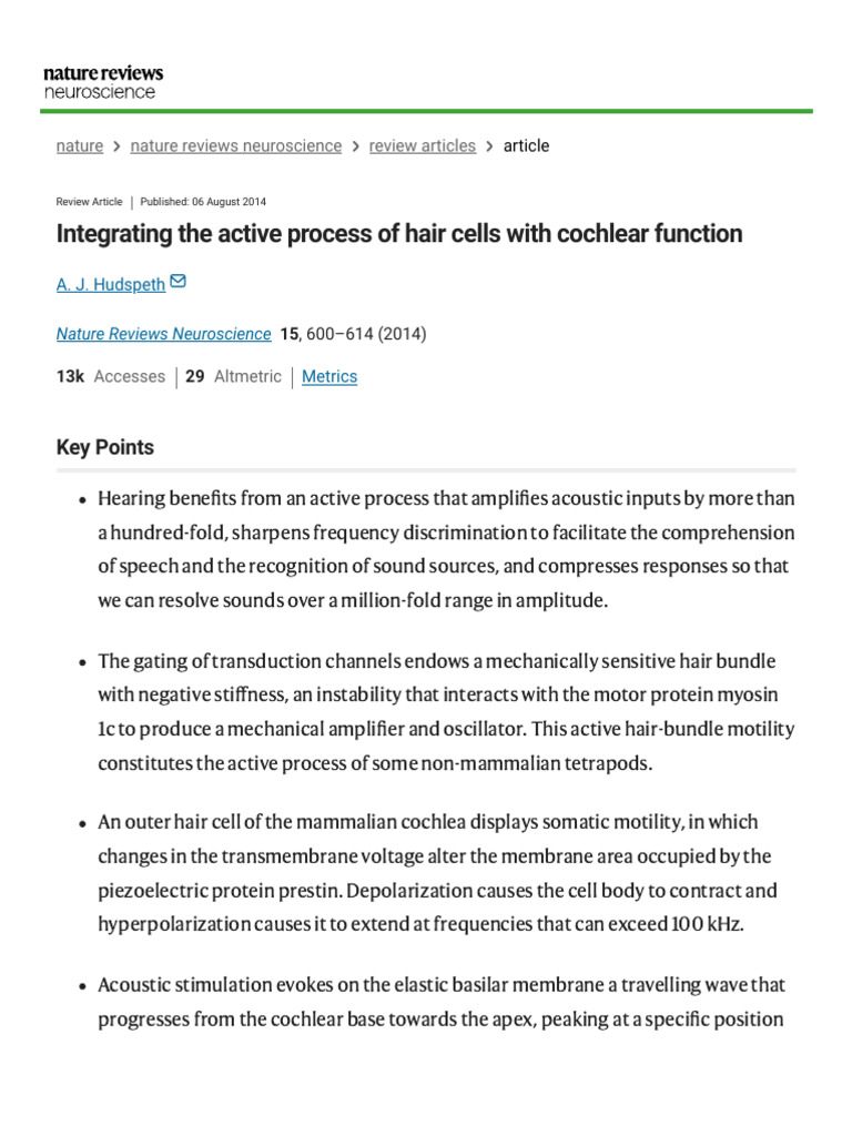 Integrating The Active Process of Hair Cells With Cochlear Function ...
