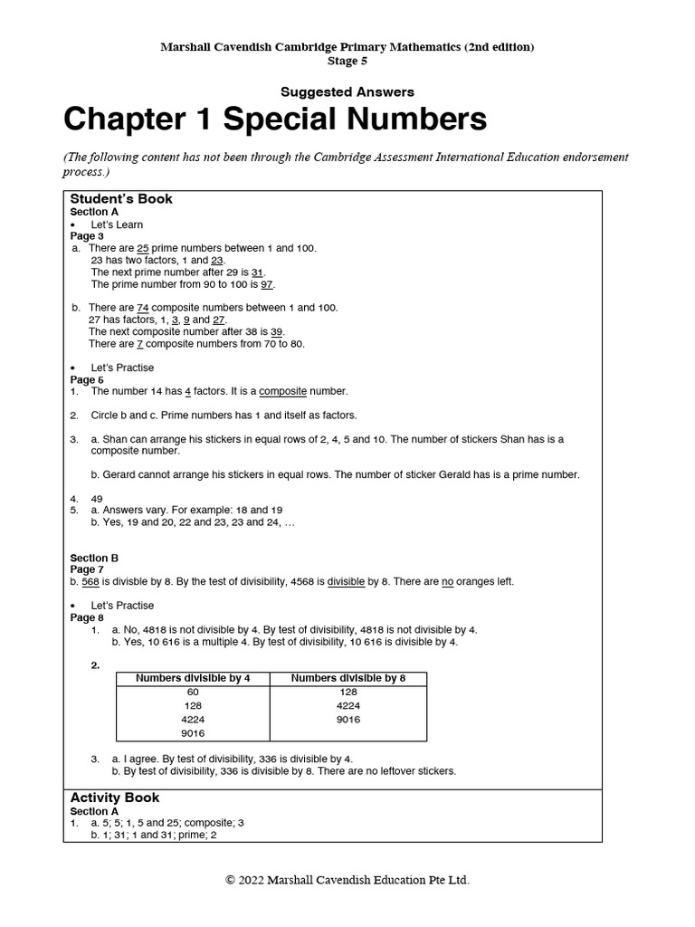 MCE Cambridge Primary Maths 2E Stage5 Suggested Answers C01 | PDF | Arithmetic | Discrete ...