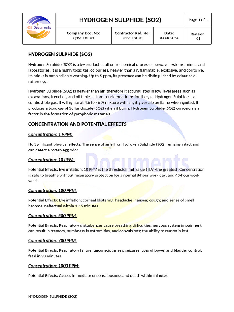 Hydrogen Sulphide (So2) | PDF