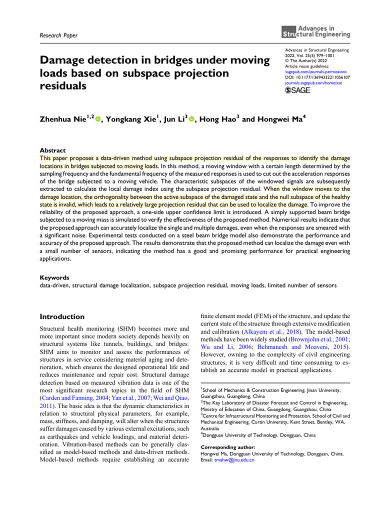 Damage detection in bridges under moving loads based on subspace projection residuals | PDF ...