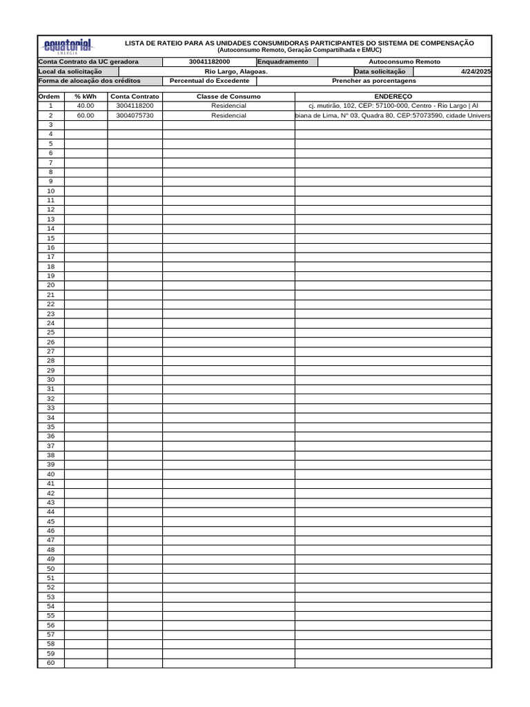 Formulario de Lista de Rateio | PDF