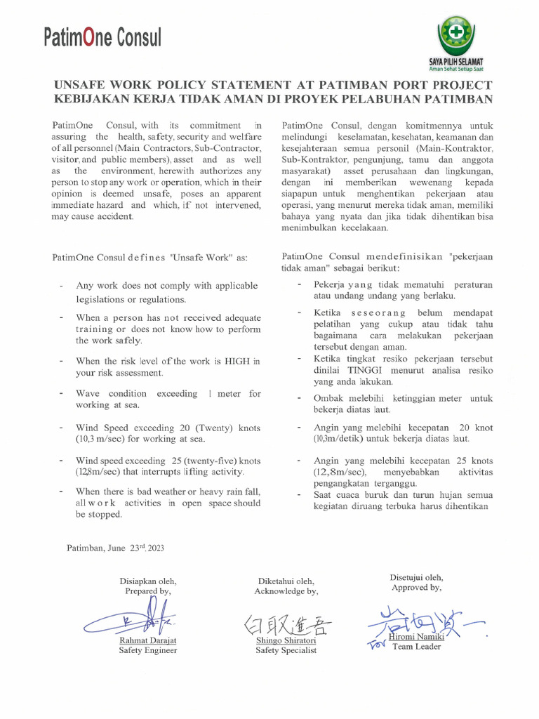 Unsafe Work Policy Statement at Patimban Port Project FOR PACKAGE 5 &6 ...