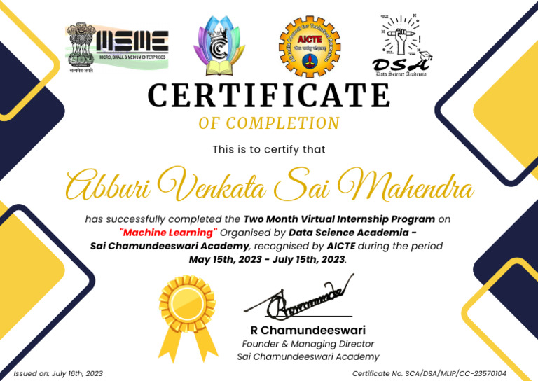 Certificate of Completion - Abburi Venkata Sai Mahendra | PDF