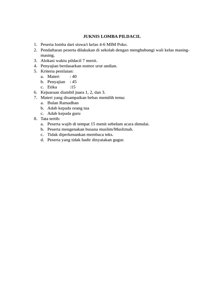 Juknis Lomba Pildacil | PDF