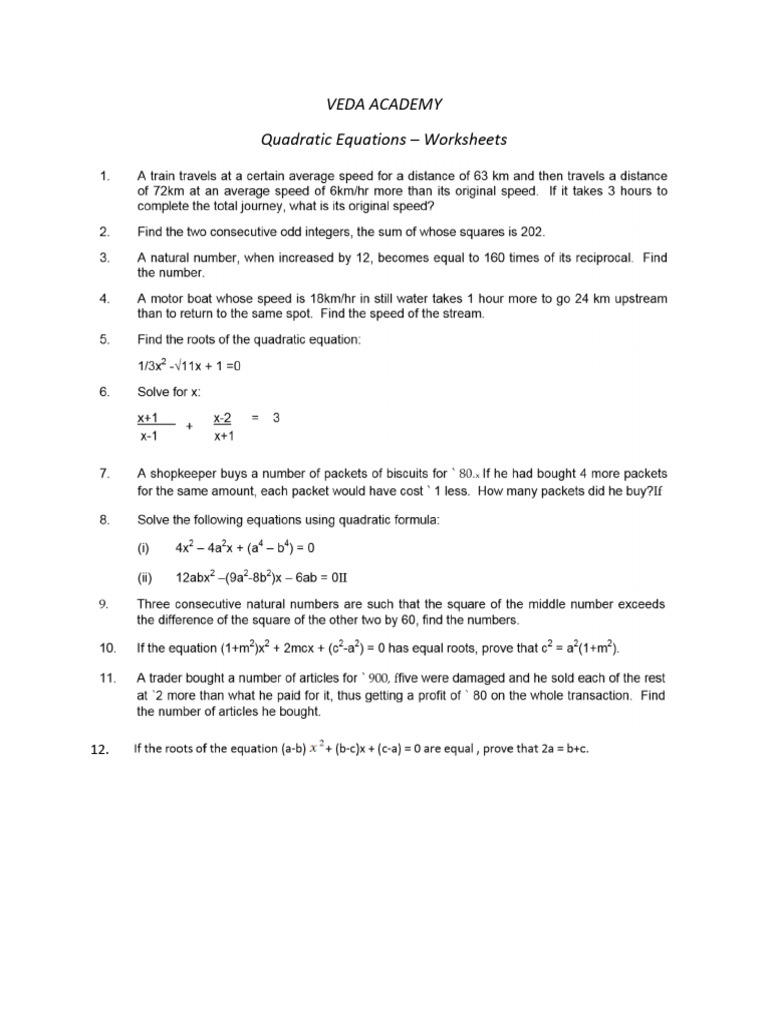 Quadratic Equations Worksheets | PDF