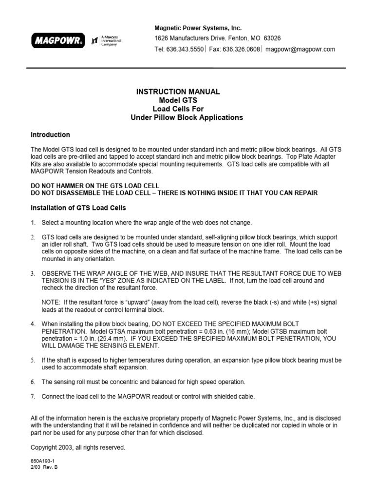 Instruction Manual - GTS Load Cells | PDF | Screw | Bearing (Mechanical)