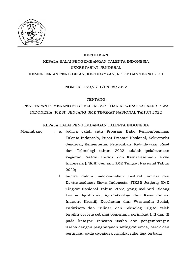 SK Pemenang Nasional FIKSI SMK 22 | PDF