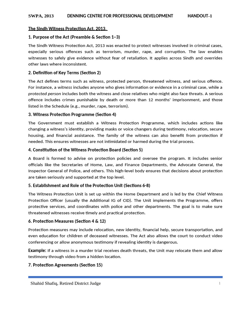 Handout & MCQS Sindh Witness Protection Act, 2013 | PDF | Witness | Crimes